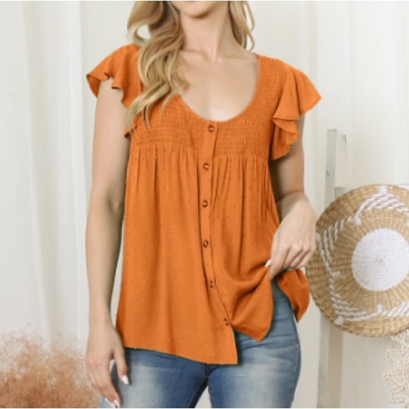 Tops | Boutique Burnt Orange Swiss Dot Flutter Sleeve Top | Poshmark